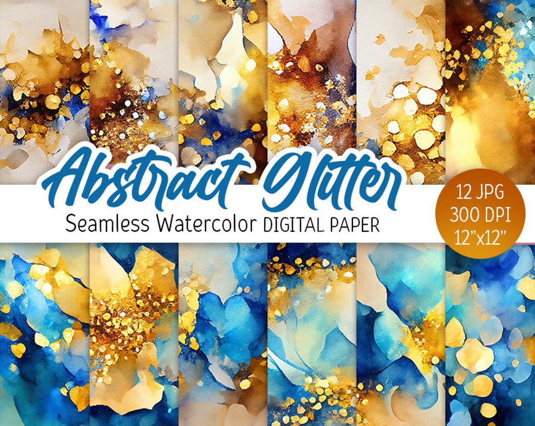 Light Blue and Gold Digital Paper Pack Watercolor Abstract Seamless ...