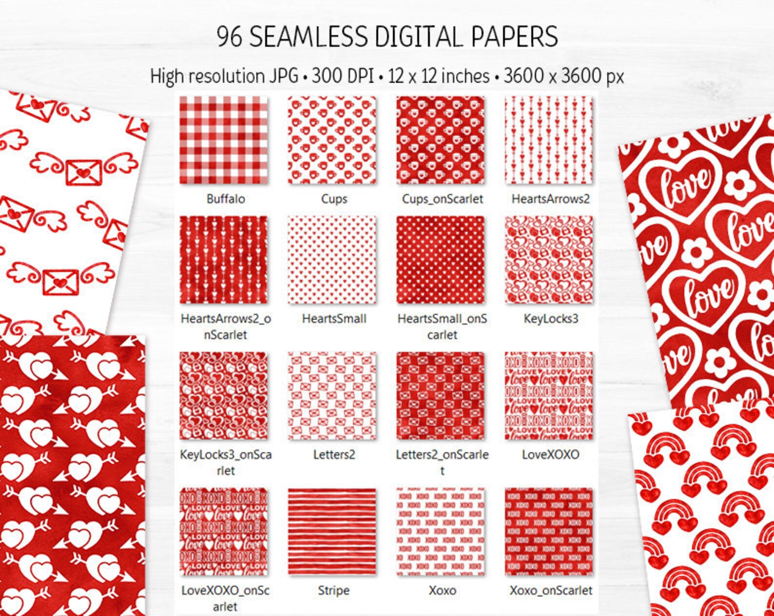 Red White Valentine Day Digital Paper Bundle Watercolor Love Seamless ...