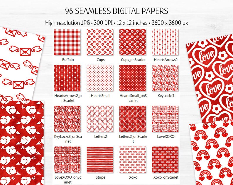 Red White Valentine Day Digital Paper Bundle Watercolor Love Seamless ...