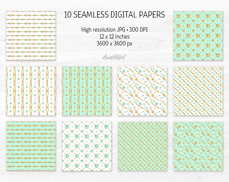 Gold Mint Seamless Pattern Watercolor Polka Dot Digital Paper Pack Gold ...