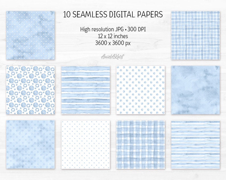 Steel Blue Seamless Pattern Watercolor Polka Dot Digital Paper Pack ...