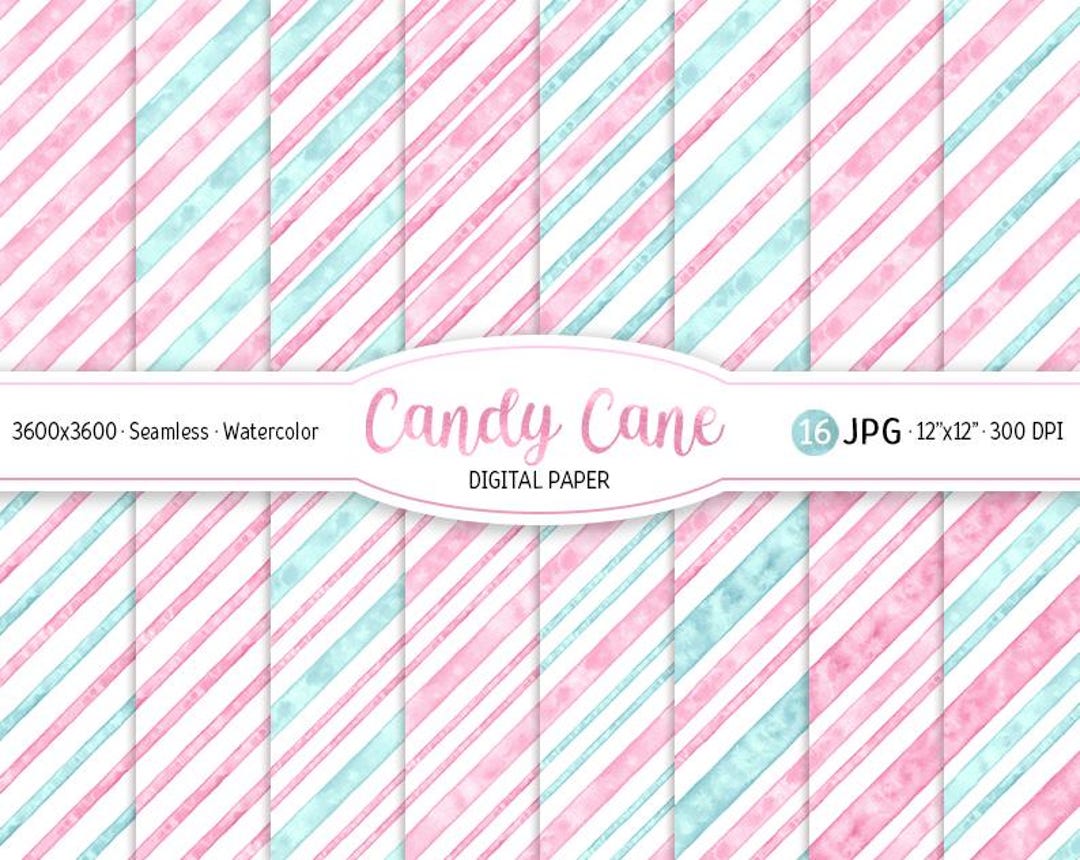 Mint & Pink Candy Cane Stripes Digital Paper Pack Watercolor Seamless ...