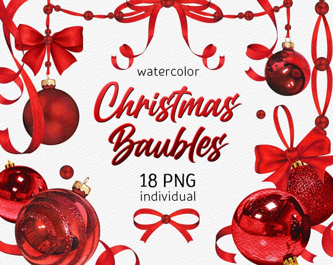 Christmas Clipart Watercolor Ribbon Clipart Christmas Decor Red Baubles ...