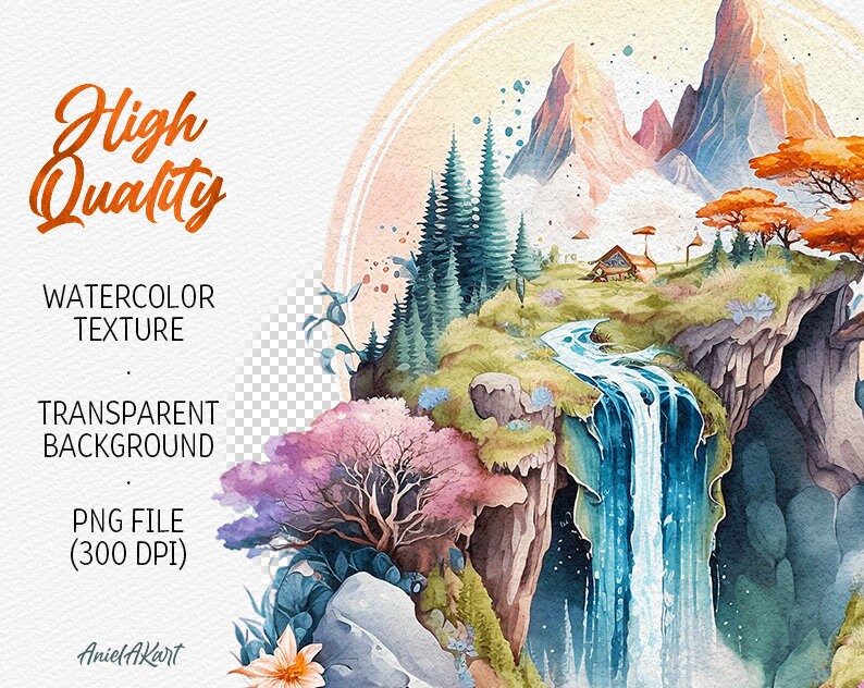 Watercolor Mountain Waterfall Clipart Spring Landscape PNG - Etsy