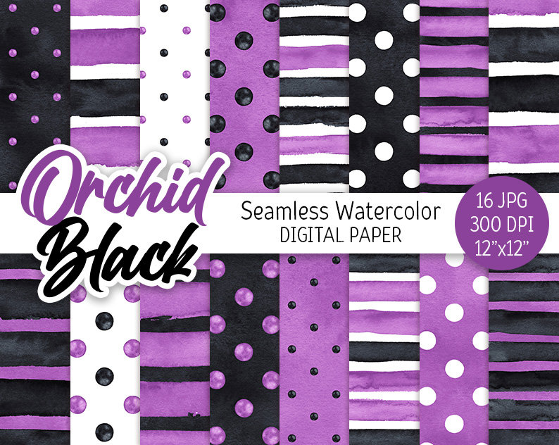 Purple Black Digital Paper Pack Watercolor Polka Dot Seamless Pattern ...