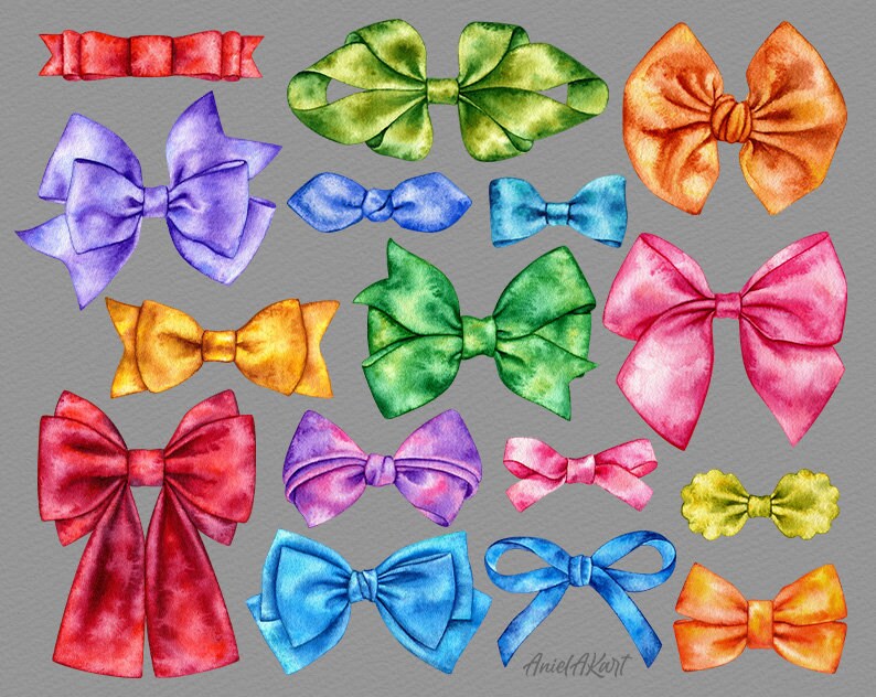 Watercolor Bow Clipart Hand Painted Multicolor Bows Colorful | Etsy