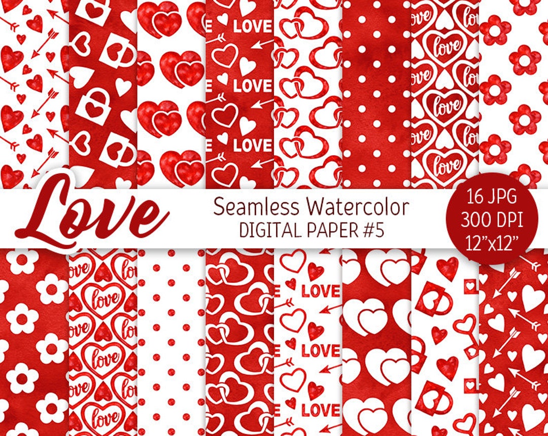 Red & White Valentine Day Digital Paper Pack Watercolor Love Seamless ...