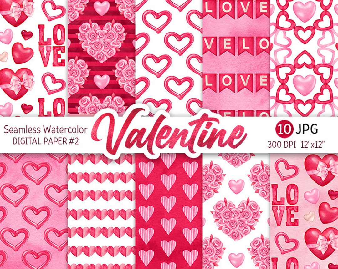 Valentine Day Digital Paper Pack Watercolor Love Seamless Pattern ...
