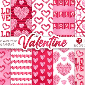 Valentine Day Digital Paper Pack Watercolor Love Seamless Pattern ...
