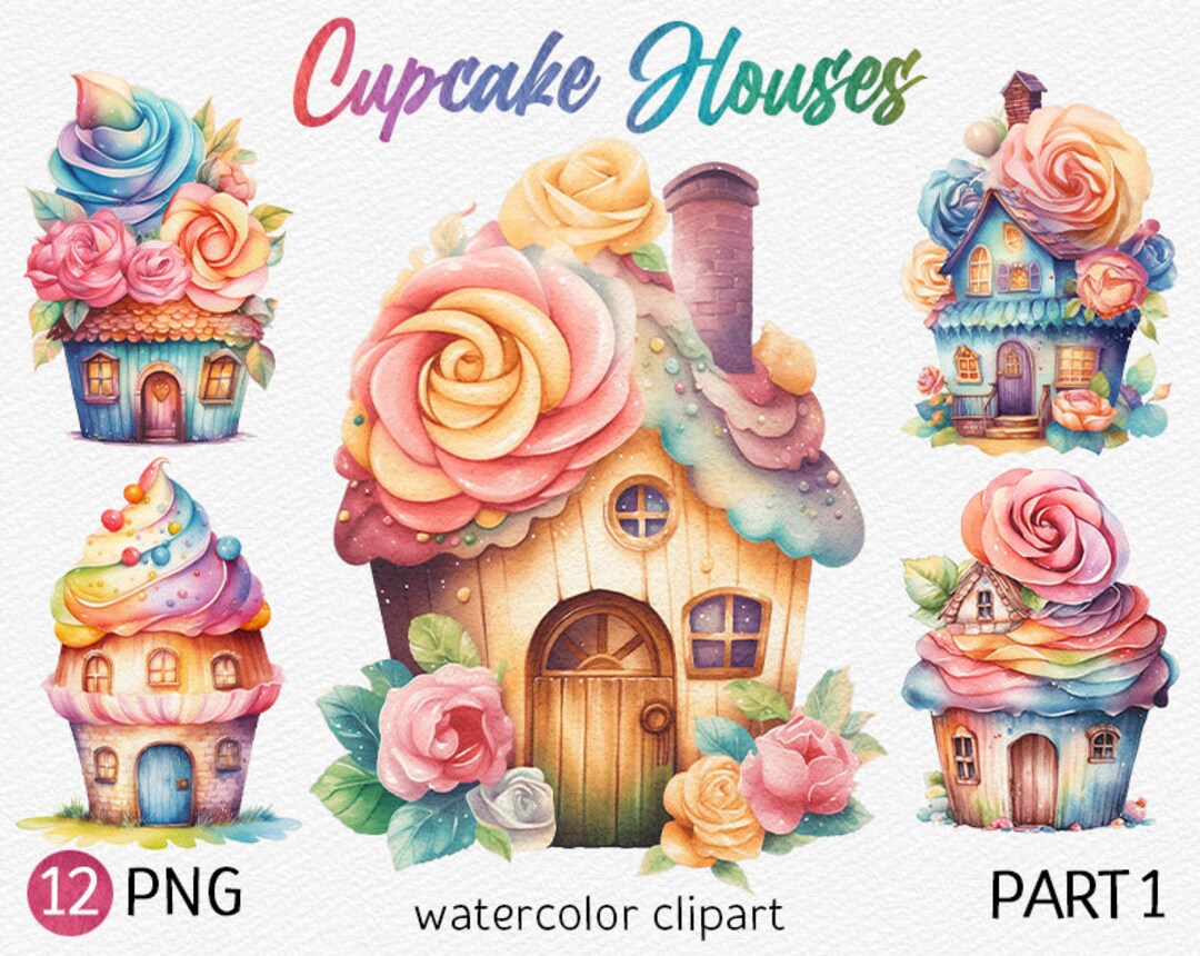 Cupcake House Clipart Watercolor Fairy House PNG Scrapbooking Clipart ...