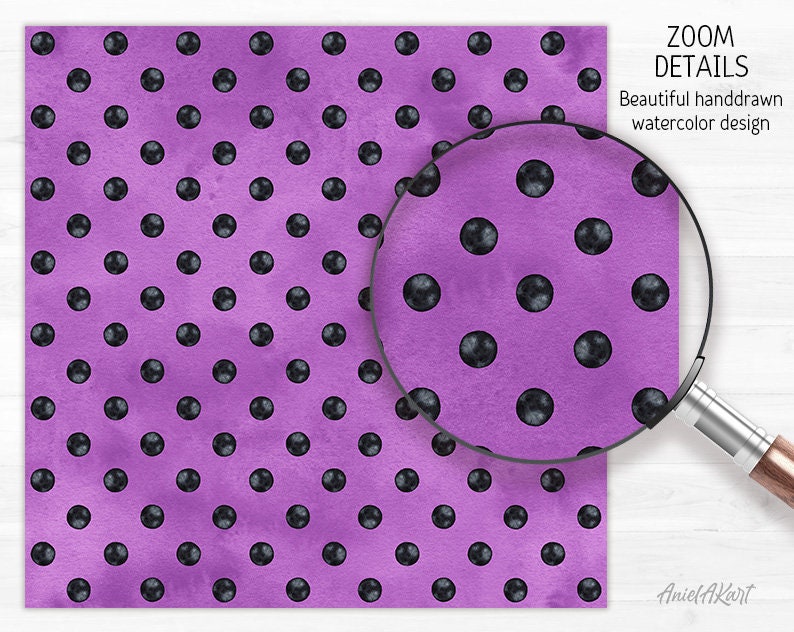 Purple Black Digital Paper Pack Watercolor Polka Dot Seamless Pattern ...