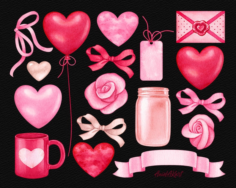 Watercolor Valentine's Day Clipart Valentine PNG Red Love | Etsy