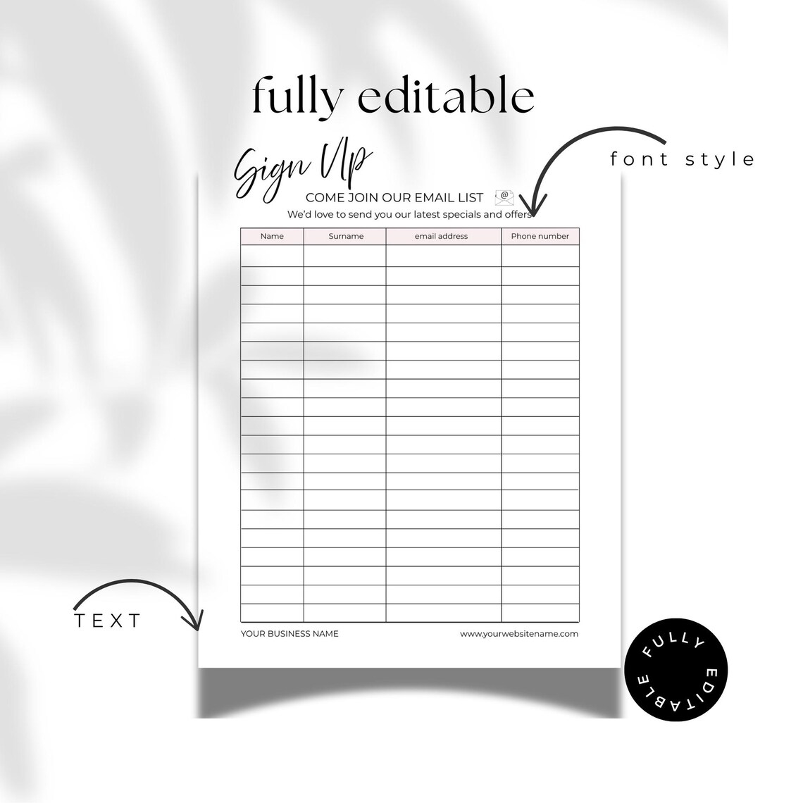 Email Sign up List Printable | Minimalist Email Sign up Form ...