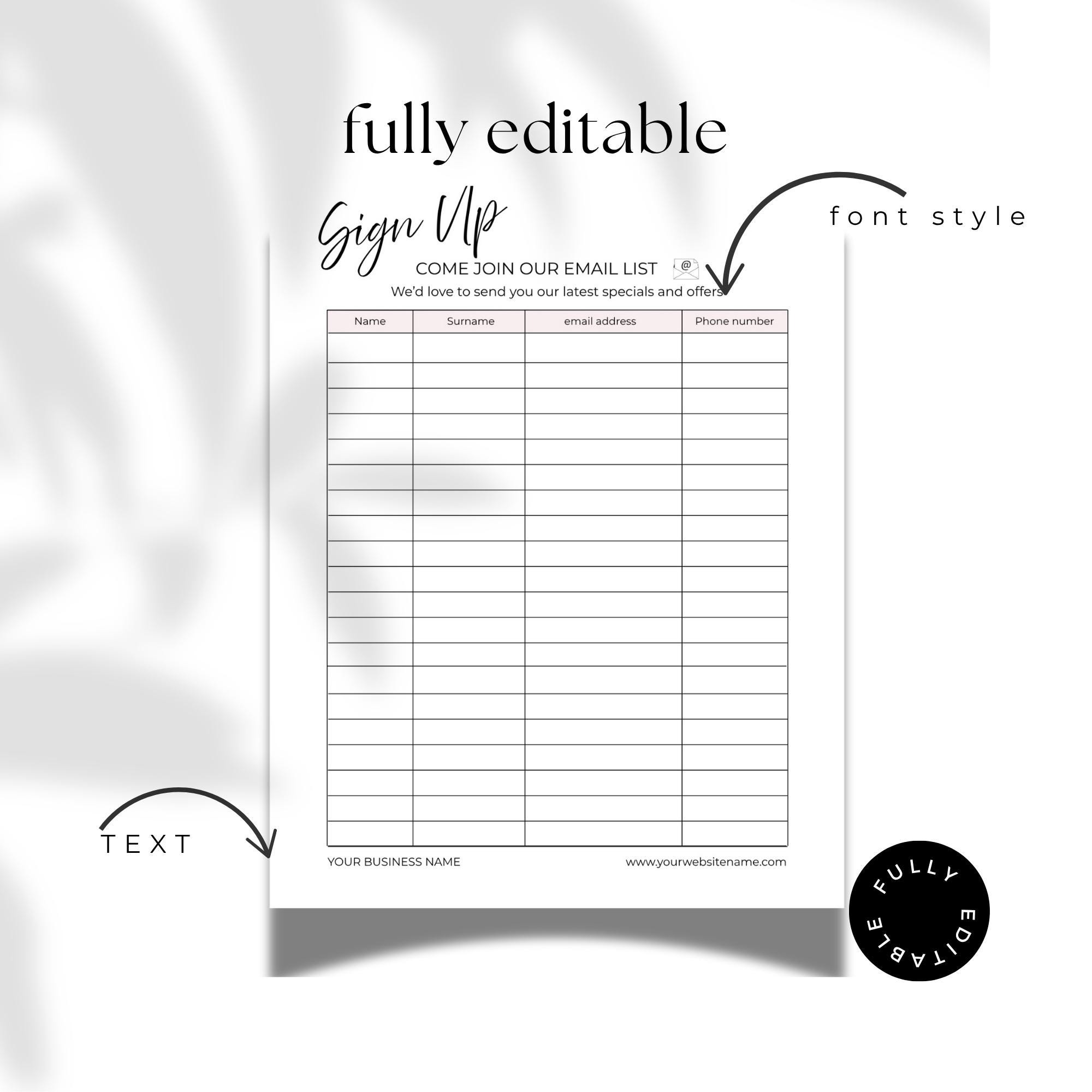 Email Sign up List Printable | Minimalist Email Sign up Form ...