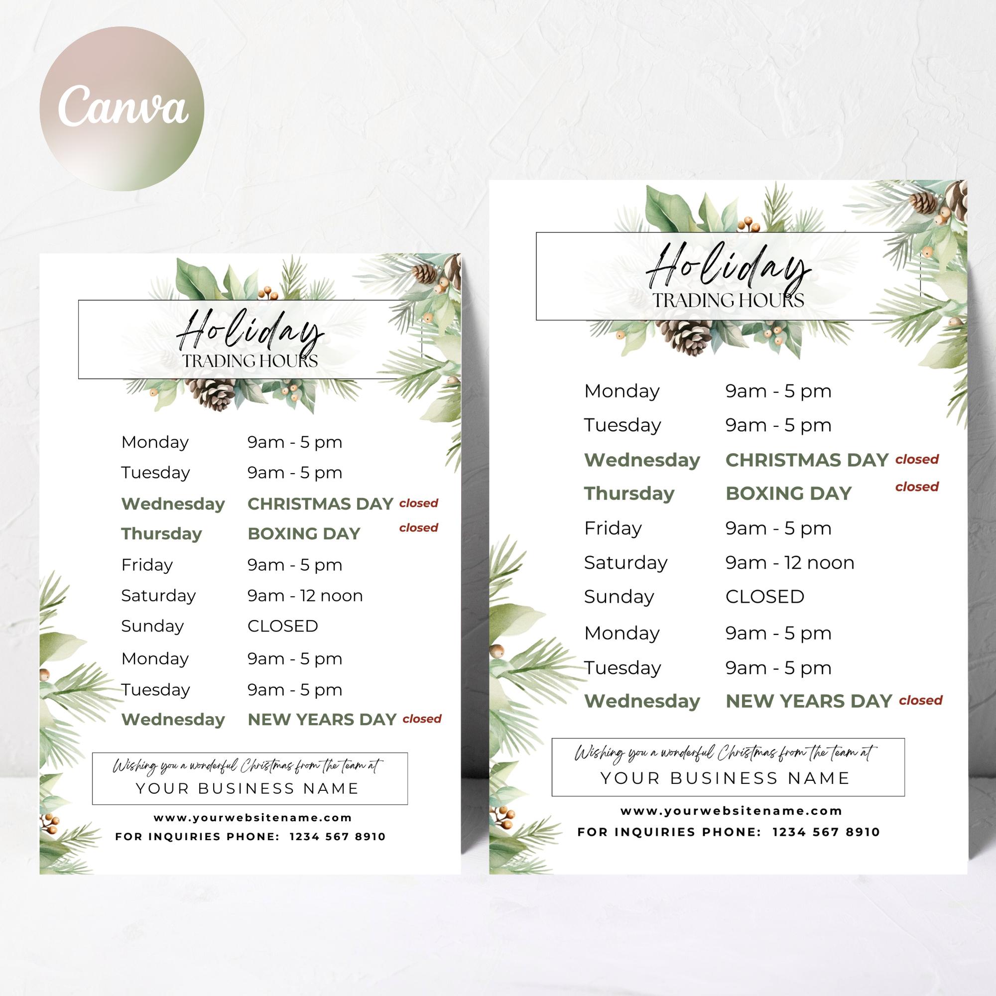 Editable Holiday Closure Sign Template, Christmas Business Hours Notice ...
