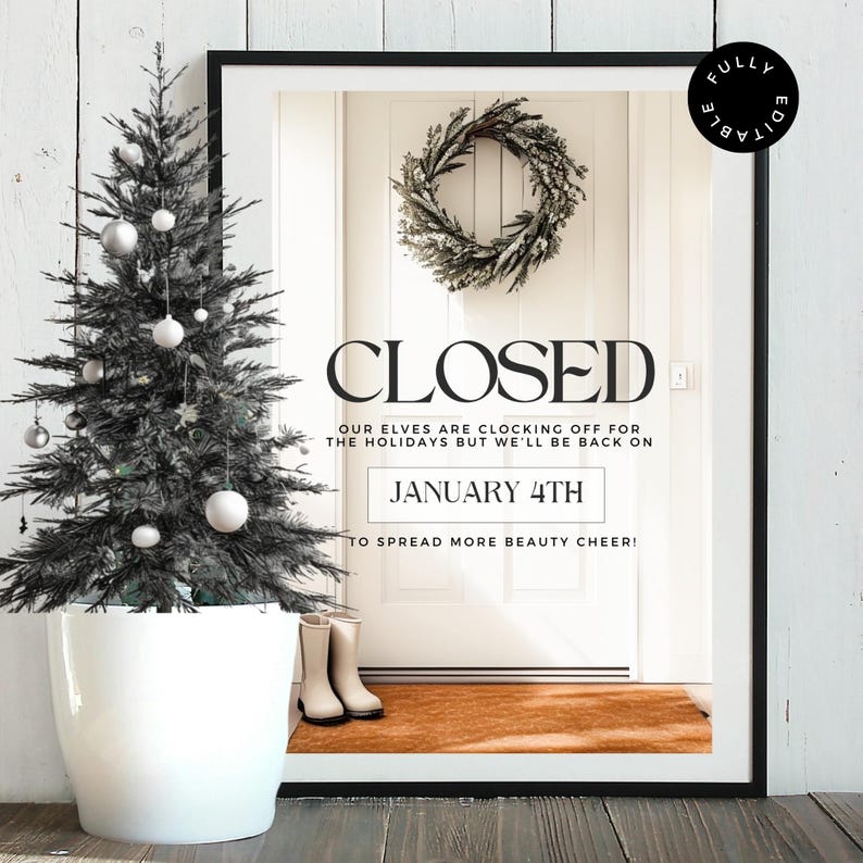 Editable Holiday Closure Sign, Christmas Business Hours (canva Template ...