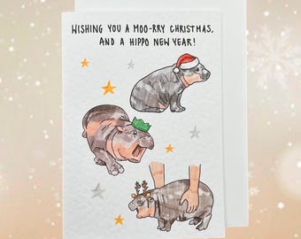 Moo Deng Christmas Card, Moo Deng, Funny Christmas Card, Moo Deng Hippo ...