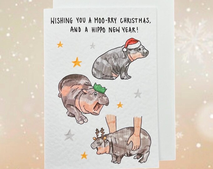 Moo Deng Christmas Card, Moo Deng, Funny Christmas Card, Moo Deng Hippo ...