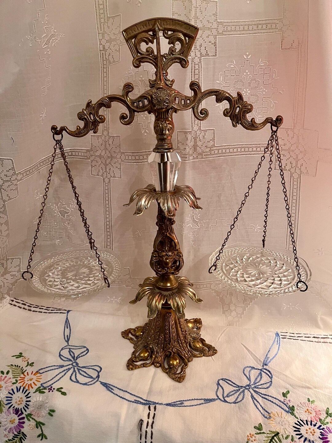 Vintage Scales of Justice Brass & Cut-glass Plates Ornate Weighing ...