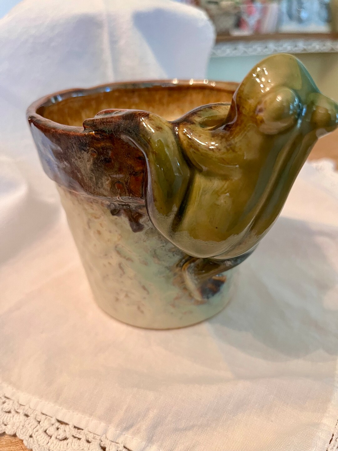 MCM Frog Pottery Planter/pot, Drip Glaze Side Climber - Etsy