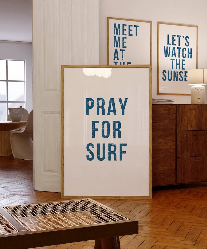 Pray for Surf Sign, Trendy Coastal Art, Blue Typography Poster, Beach ...
