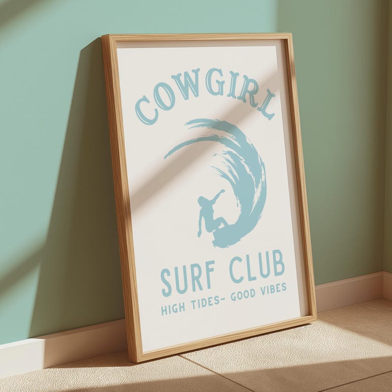 Cowgirl Surf Club Print, Cowgirl Beach Club Wall Decor, Light Blue Coastal Cowgirl Prints ...