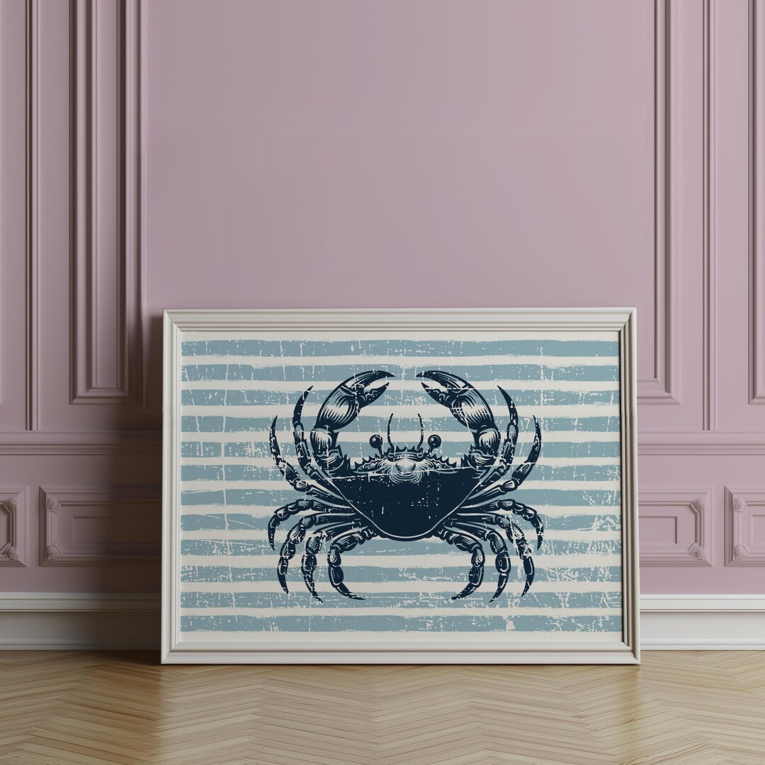 Blue Crab Wall Art Print Blue Stripes Crab Artwork Trendy Coastal Home ...