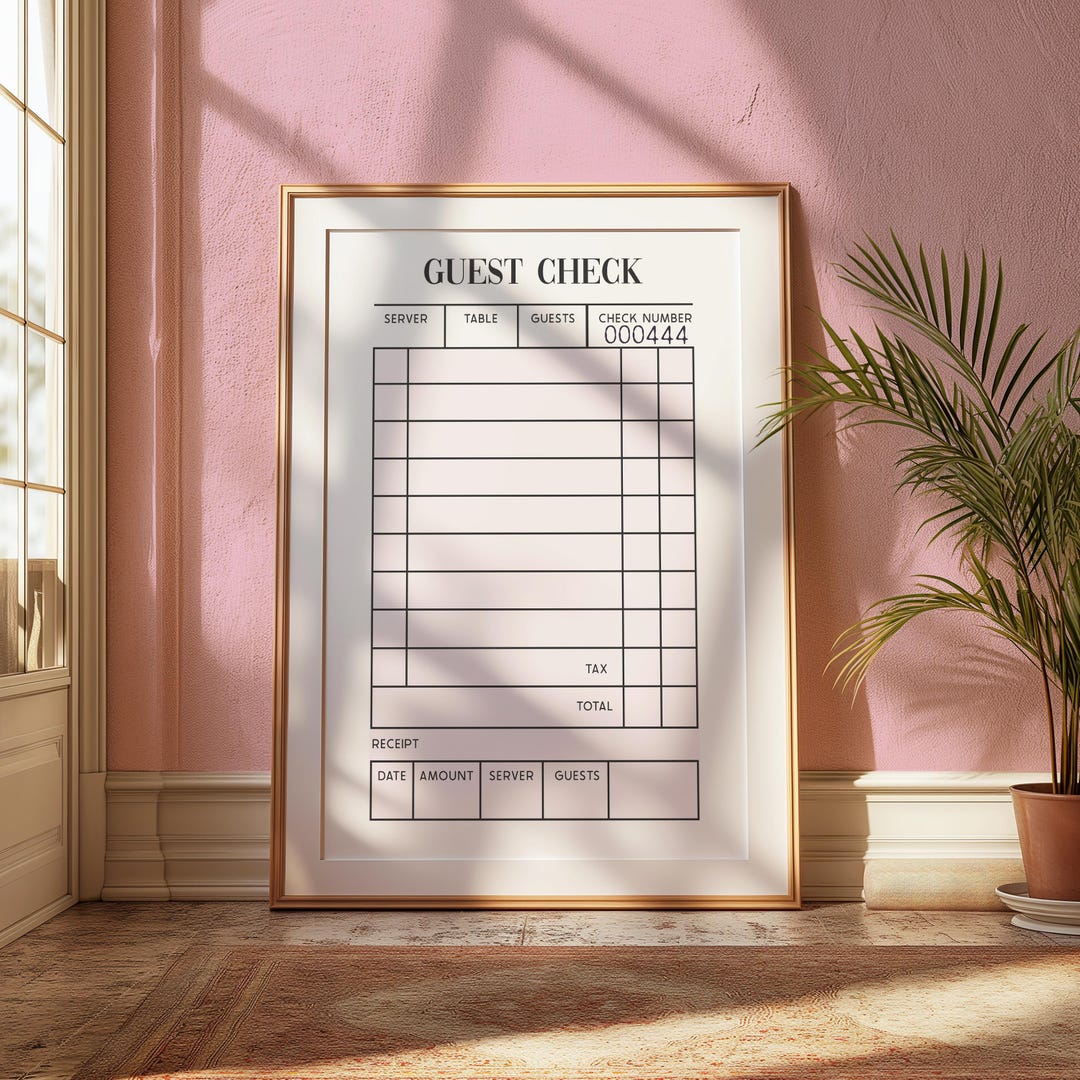 Guest Check Poster Blank, Guest Check Art Print Blank Pink and Gray ...