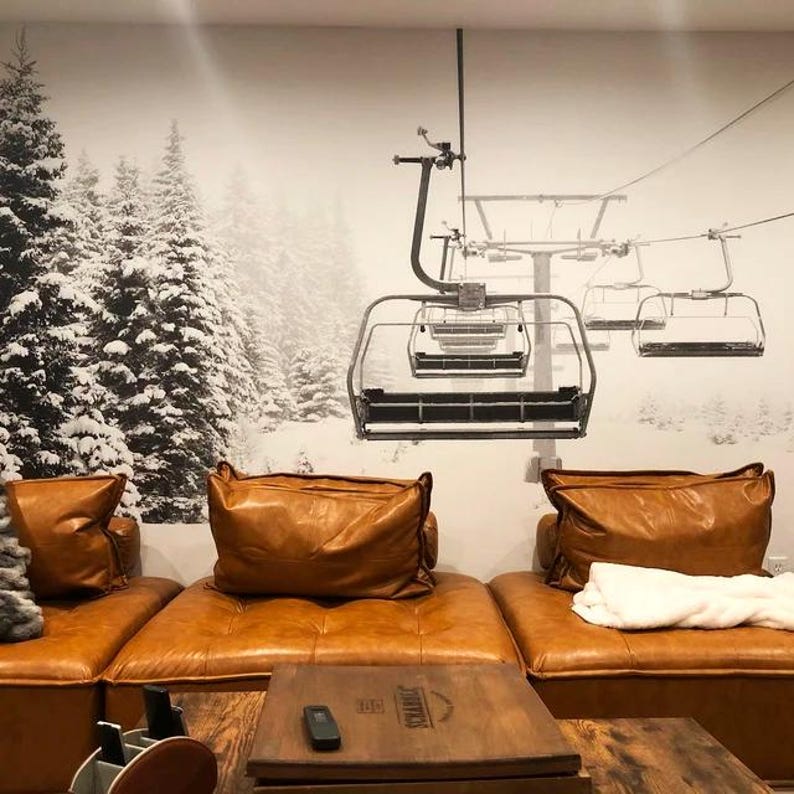 Ski Lift Wallpaper, Snow Mountain Wall Art, Winter Sports Wallpaper ...