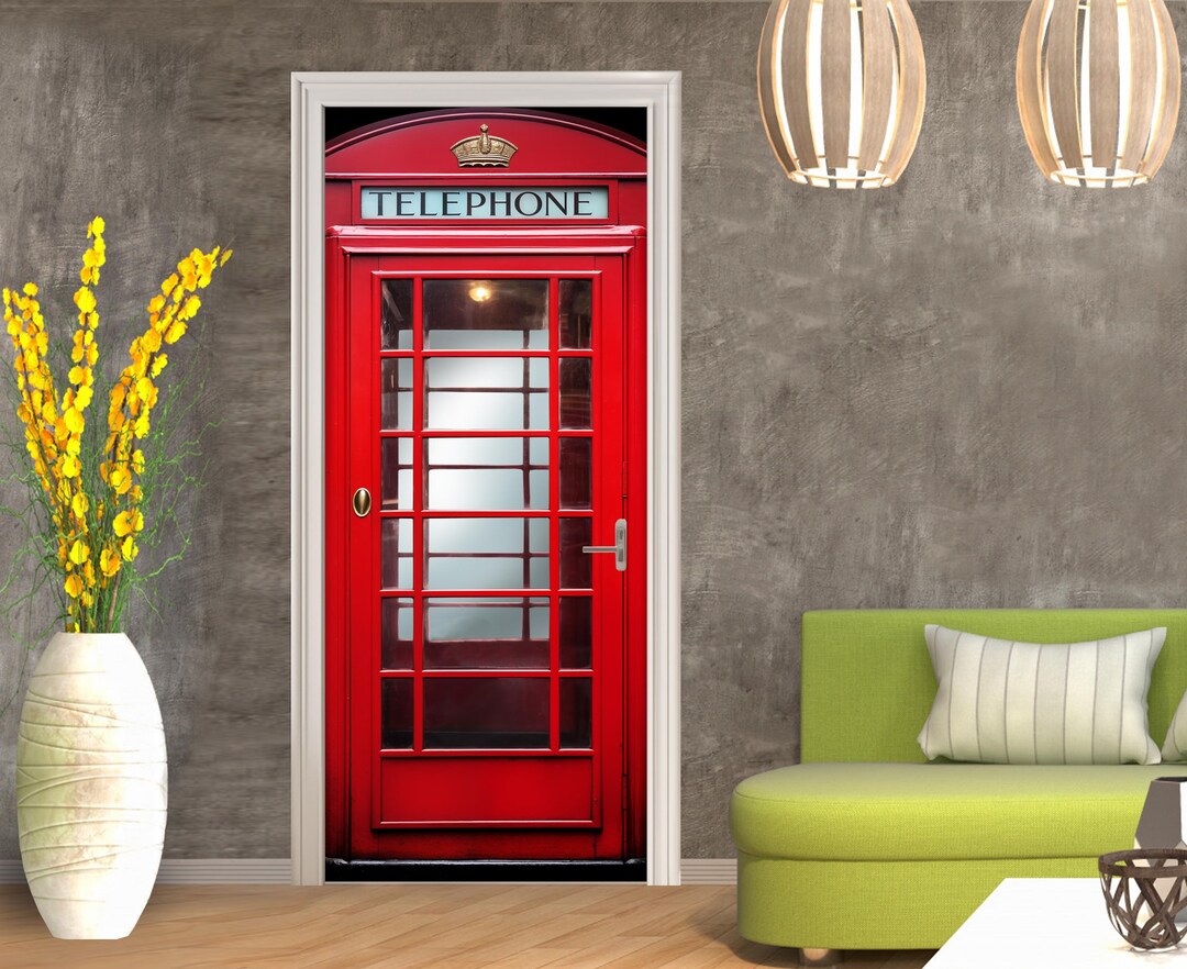 Red Phone Box Door Sticker, London Telephone Booth Door Self-adhesive ...