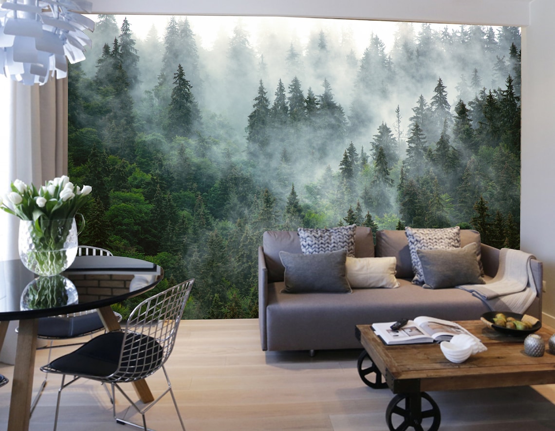 Fog Forest Wallpaper Green Forest Wallpaper Forest Wall - Etsy