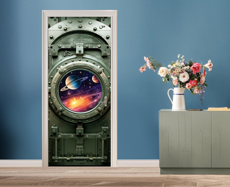 Space Door Sticker With Porthole, 3D Galaxy Door Mural, Sci-fi Space ...