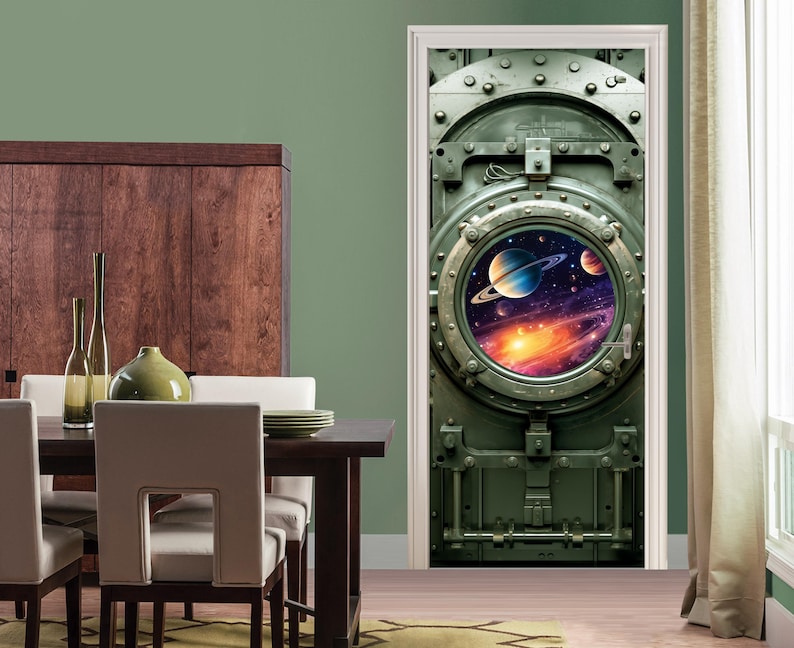 Space Door Sticker With Porthole, 3D Galaxy Door Mural, Sci-fi Space ...