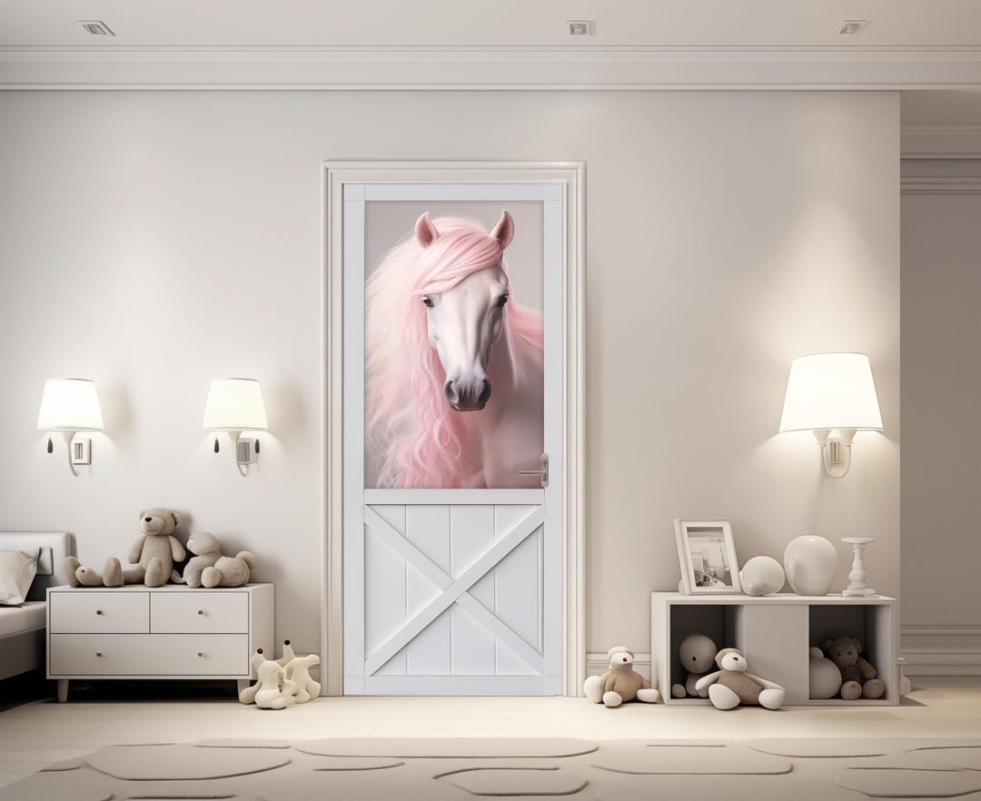 Pink Horse in White Stall Door Sticker, Horse Self-adhesive, Horse Peel ...