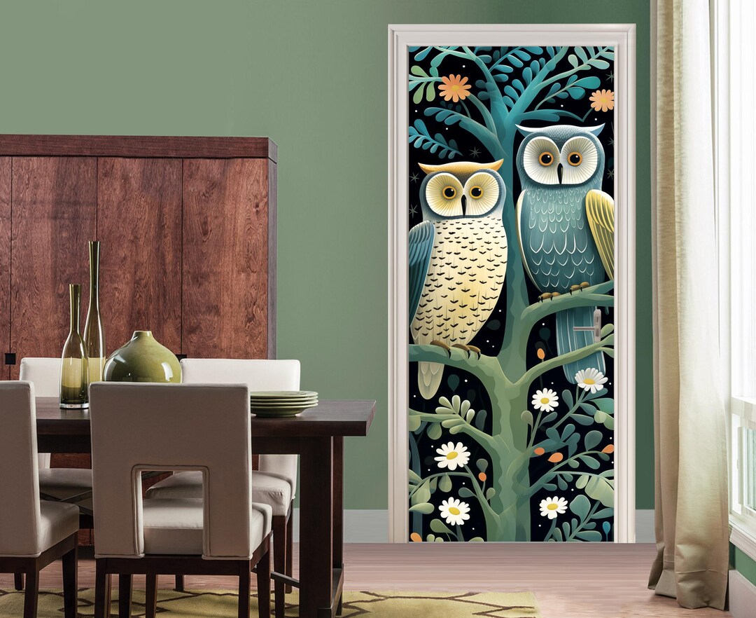 Sweet Owls Door Sticker, Fairy Owls Self-adhesive Mural, Owls Peel ...