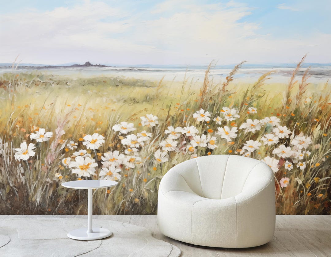 Wildflower Field Wallpaper Mural: White Flowers, Farmhouse Decor - Etsy