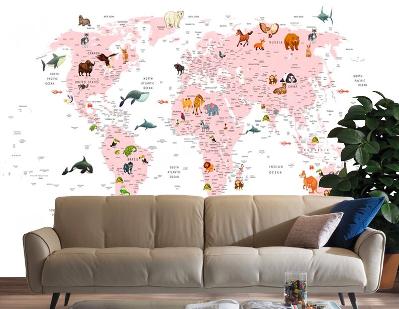 Pink World Map for Children Wallpaper Map of Animals Wall - Etsy