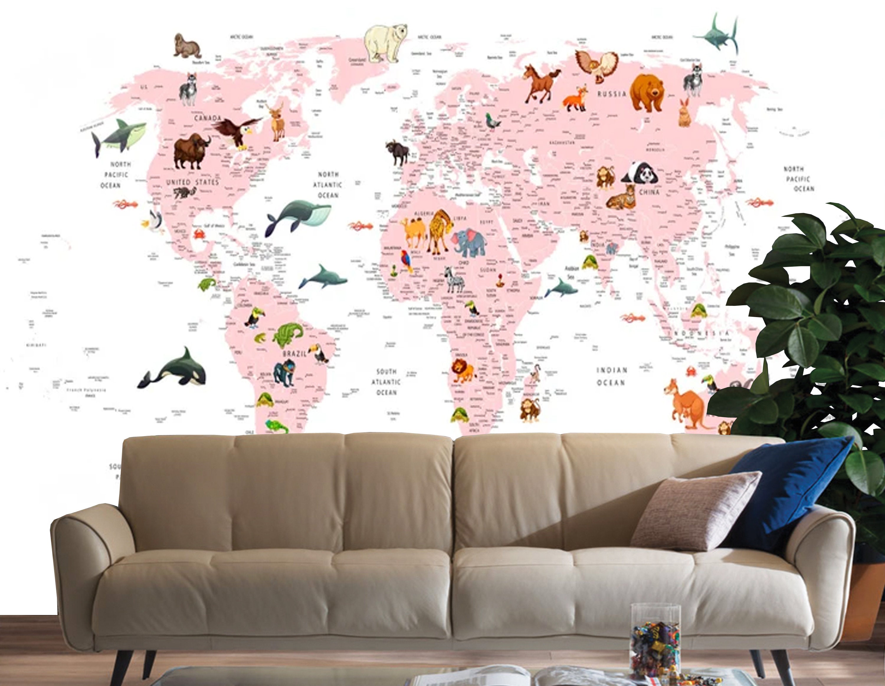 Pink World Map for Children Wallpaper Map of Animals Wall - Etsy