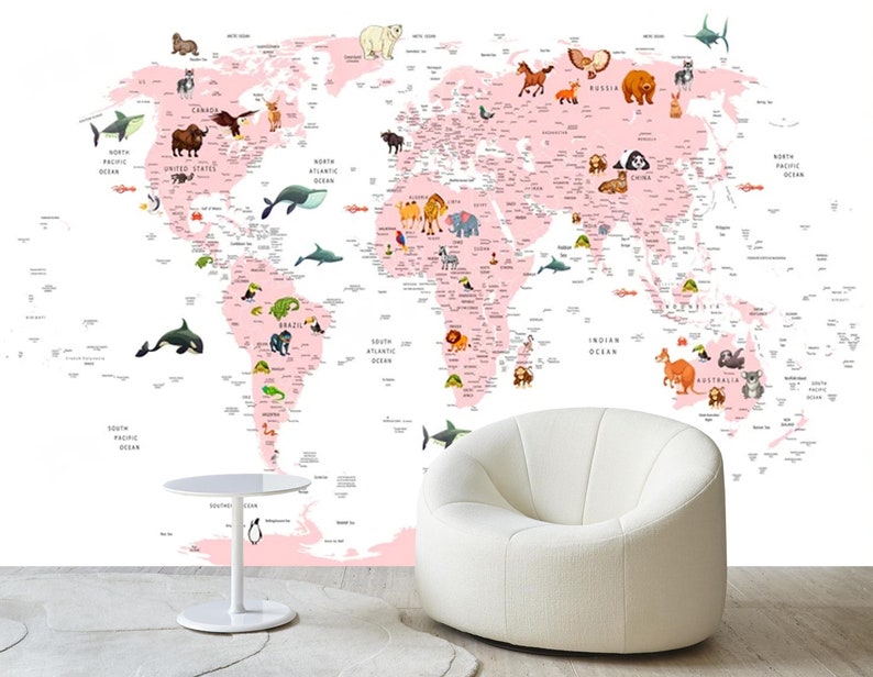 Pink World Map for Children Wallpaper Map of Animals Wall - Etsy