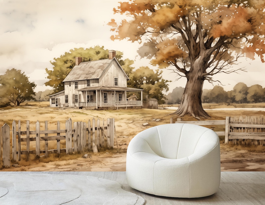 Vintage Farmhouse Wallpaper, Farmhouse Wall Art Decor, Old Farmhouse ...