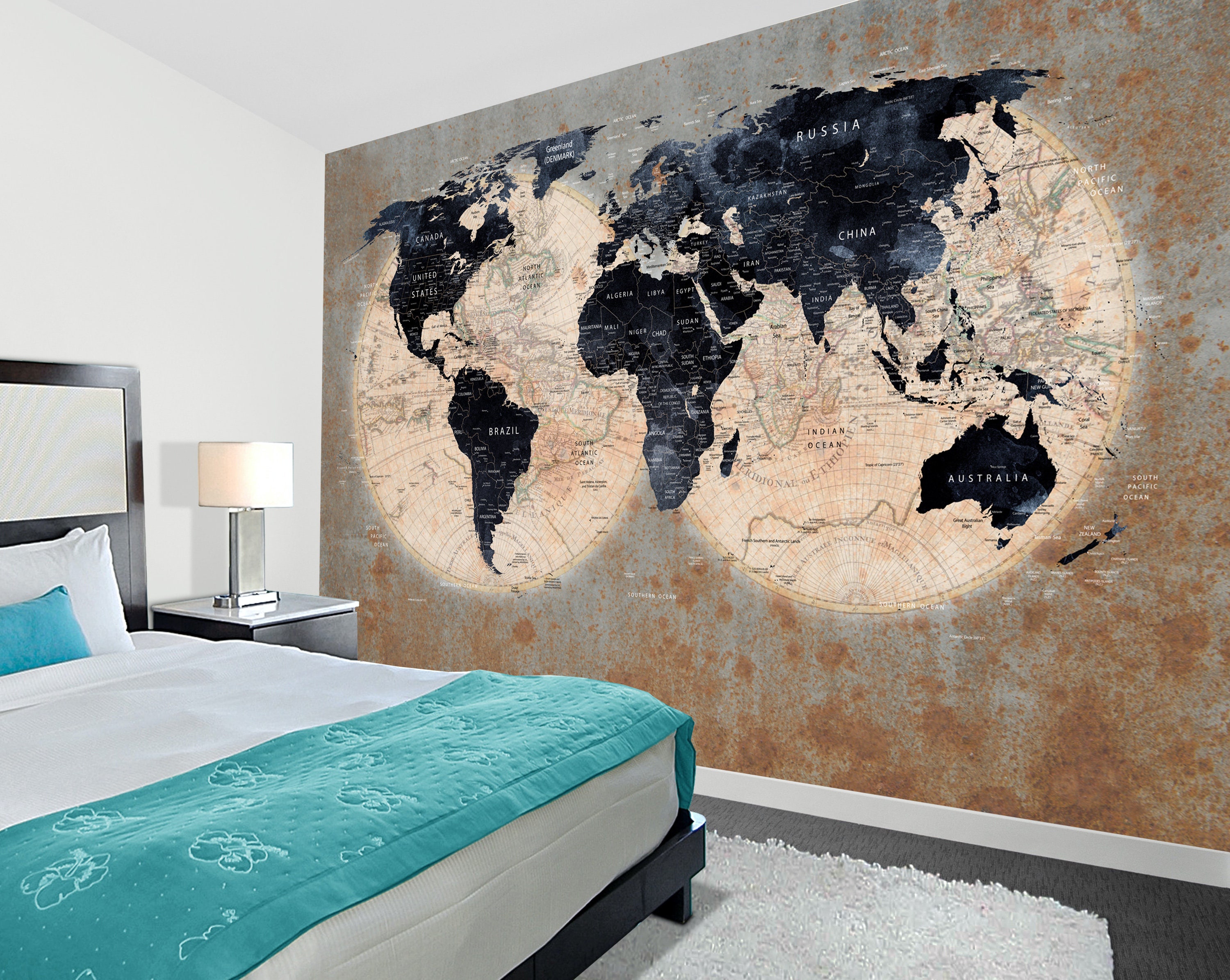 Vintage World Map Wallpaper, Canvas Travel Map Wall Mural, Detailed ...