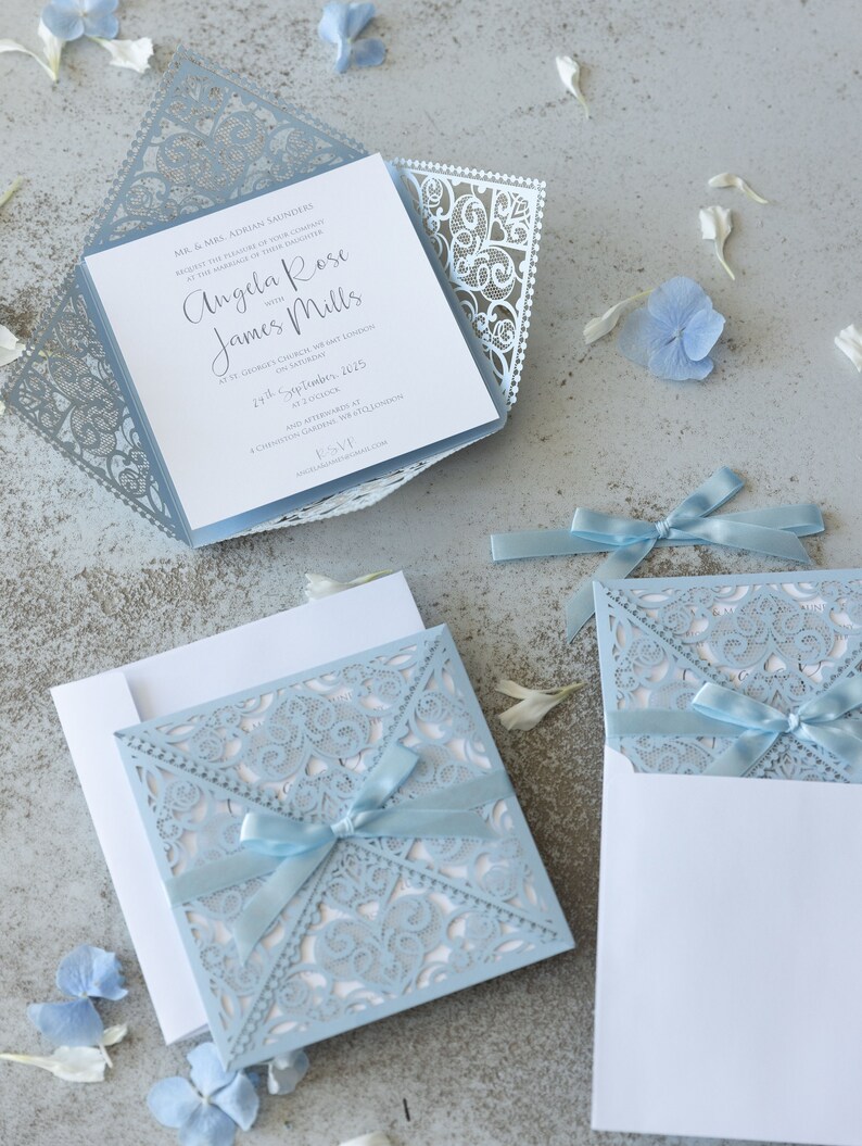 Blue Square Wedding Inviation Cards Laser Cut Floral Lace and Blue ...