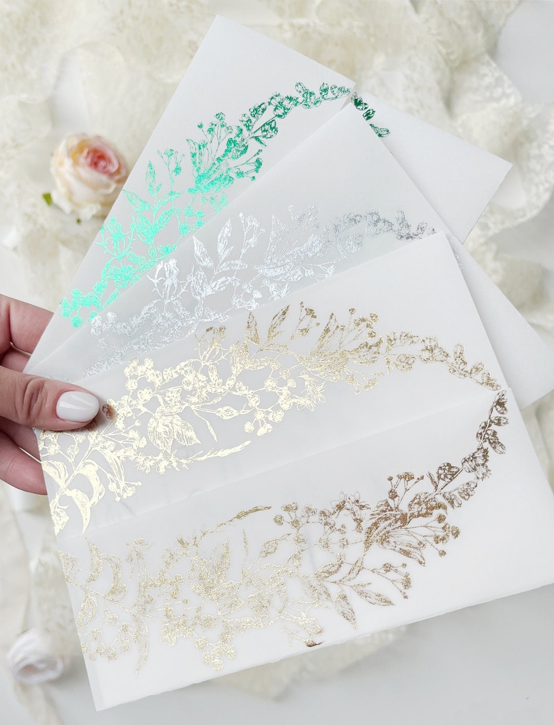 Flowers Foil Stamping on White Translucent Parchment Wrappers for 5 X 7 ...