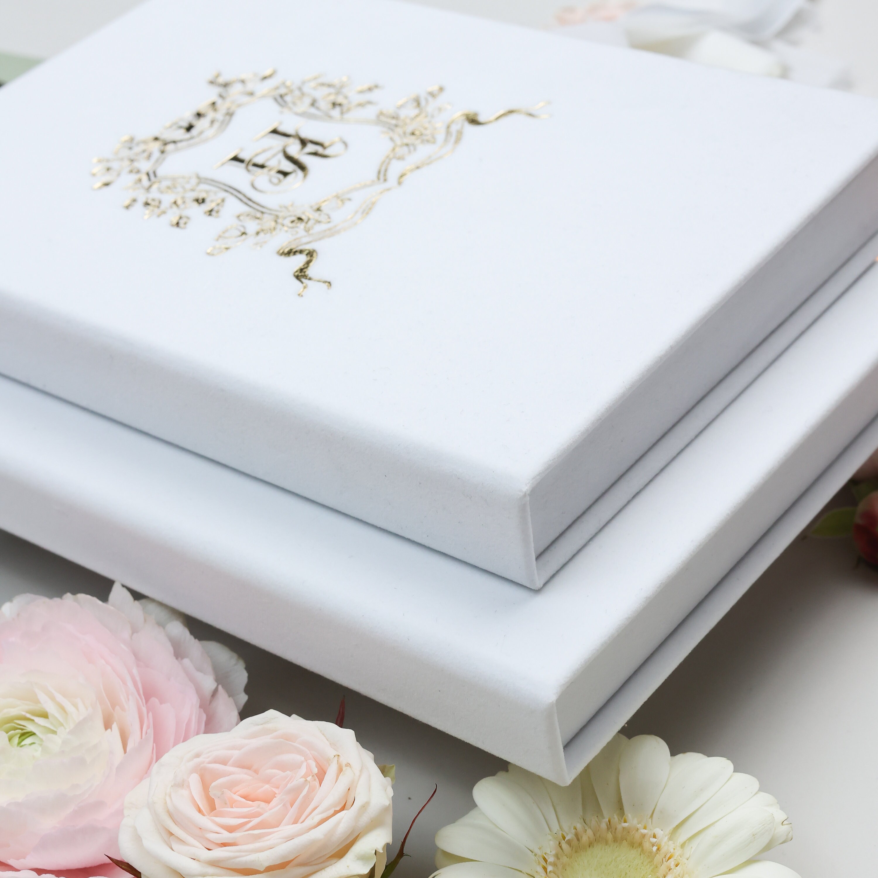 Luxury White Velvet Boxed Invitations With Custom Wedding Monogram or ...