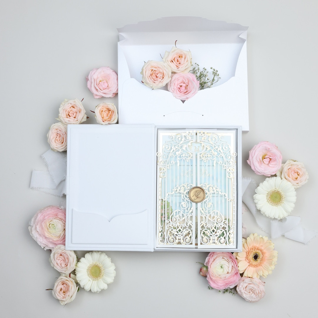 Luxury White Velvet Boxed Invitations With Custom Wedding Monogram or ...