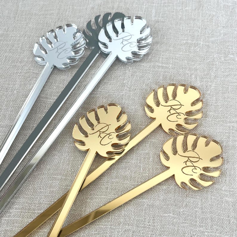 Personalized Monstera Leaf Drink Stirrers, Gold / Silver Mirror Acrylic ...