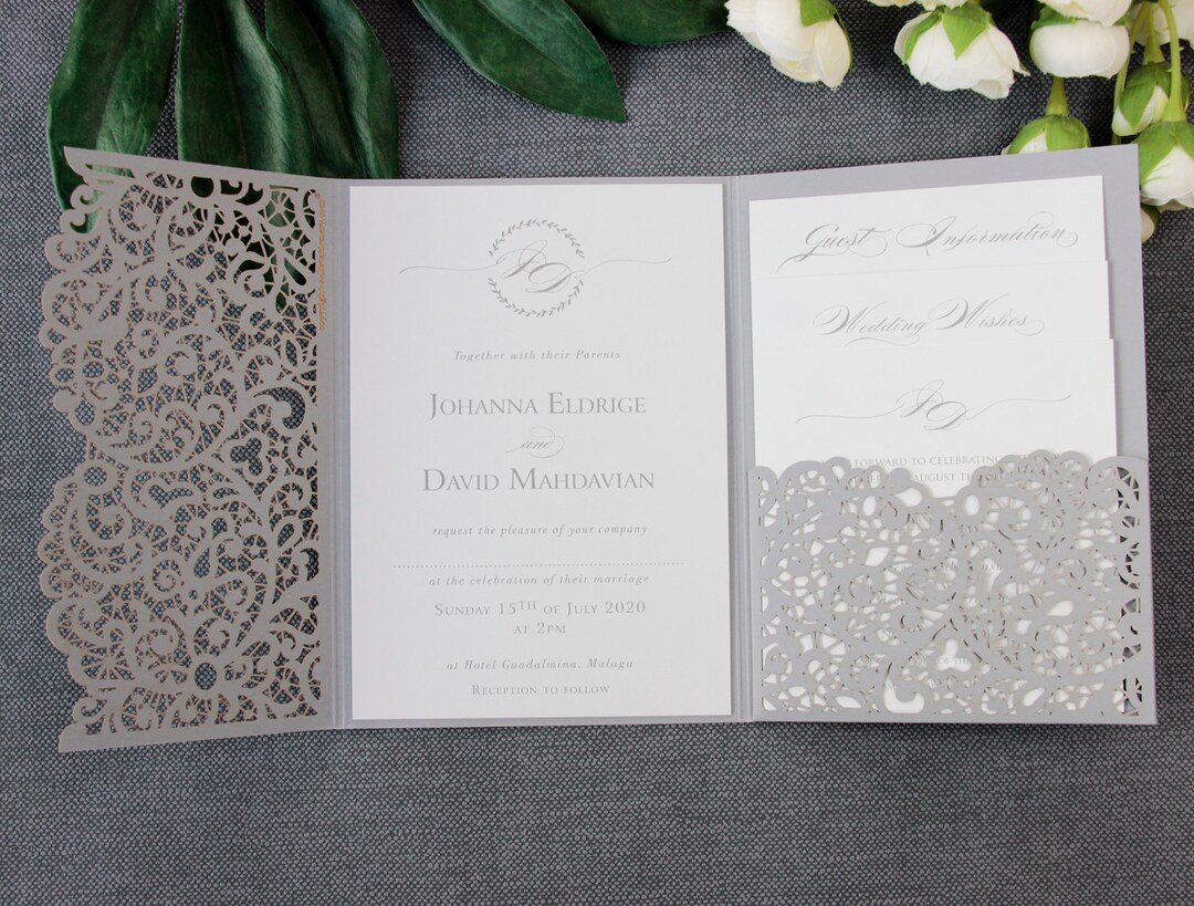 Grey Wedding Invitations With Envelopes Laser Cut DIY Cards Set Main ...