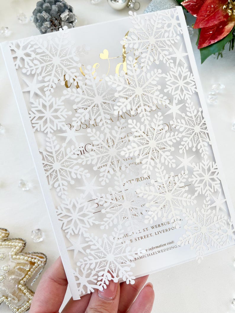 White Metallic Laser Cut Snowflake Invitation Covers 5x7, Winter ...