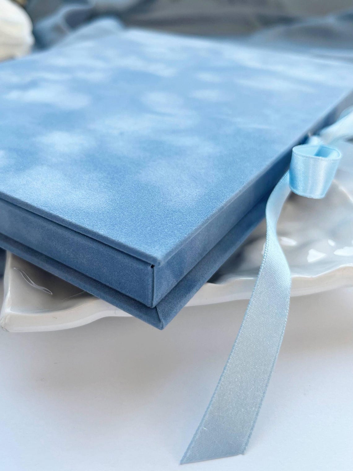 Dusty Blue Velvet Box for 5 X 7 Wedding Invitation, Gold Foil Monogram ...