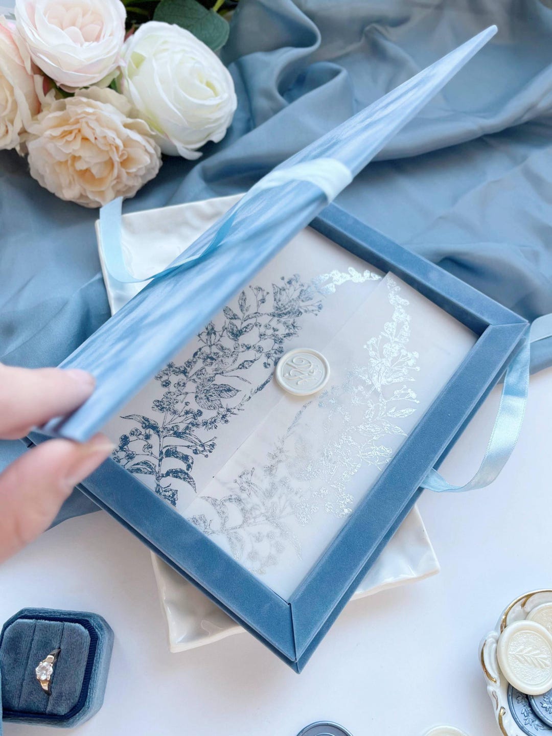 Dusty Blue Velvet Box for 5 X 7 Wedding Invitation, Gold Foil Monogram ...